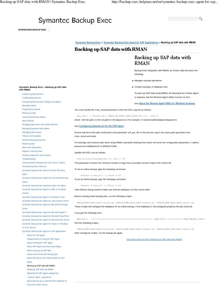 Backing Up SAP Data With RMAN - Symantec Backup Exec | PDF | Backup | Oracle Database