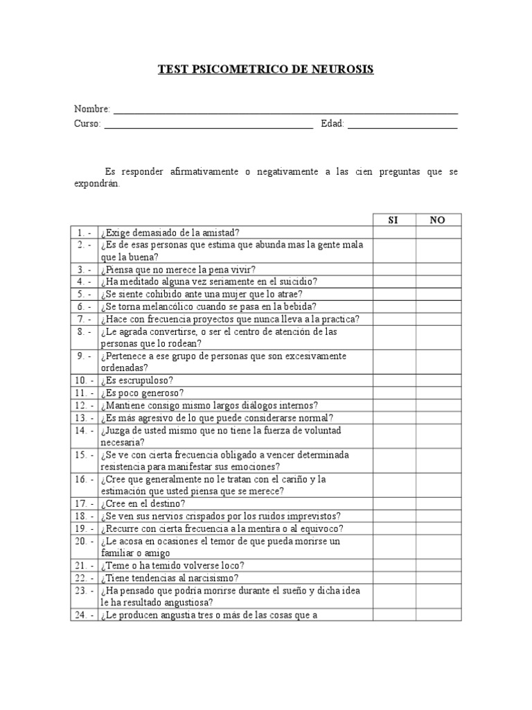 Test Psicometrico de Neurosis | PDF | Sicología | Conceptos psicologicos