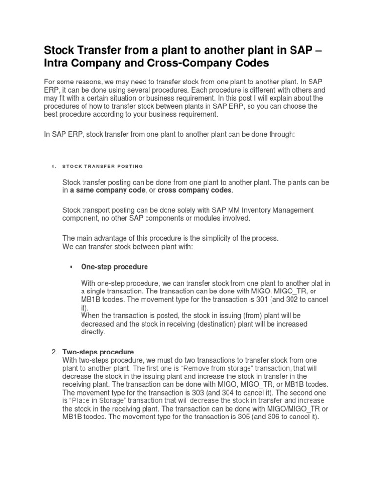 Stock Transfer From A Plant To Another Plant in SAP | PDF | Debits And ...