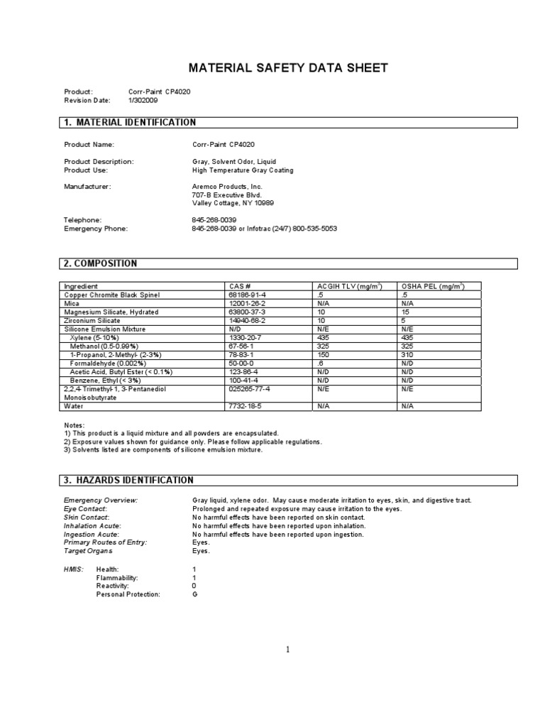 Msds CP4020 000 | PDF | Dangerous Goods | Personal Protective Equipment