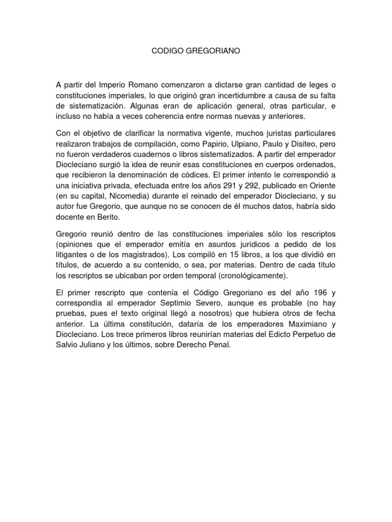 Código Gregoriano: Compilación Jurídica Romana | PDF | Historia