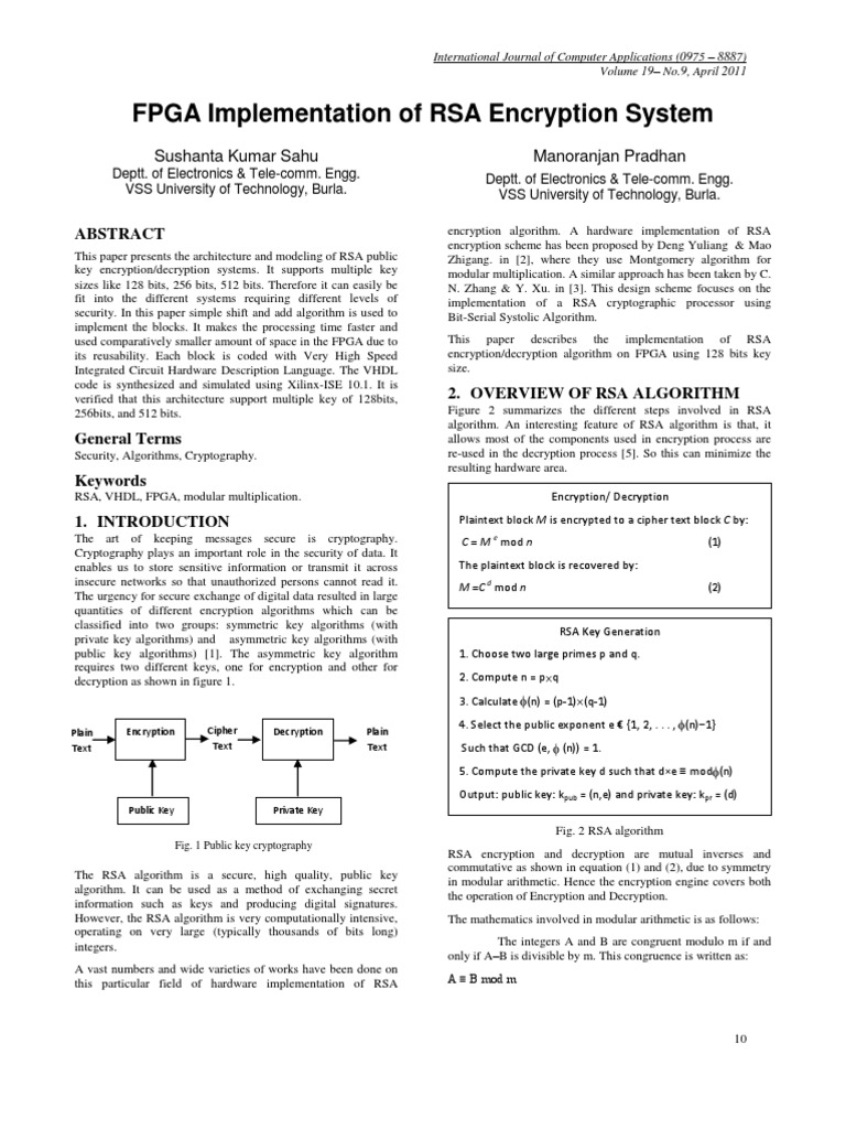 FPGA Implementation of RSA Encryption System: Sushanta Kumar Sahu Manoranjan Pradhan | PDF | Key ...