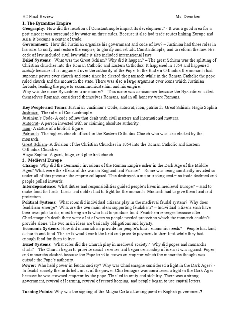 H2 Final Review Sheet | PDF | Mongol Empire | Catholic Church