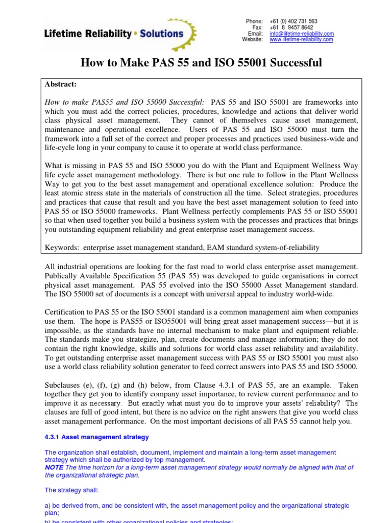 Make PAS-55 and ISO-55001 Successful | PDF | Risk Management | Risk