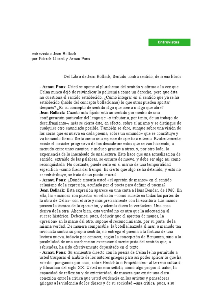 Entrevista a Jean Bollack: Sentido y Hermenéutica | PDF | Hermenéutica ...