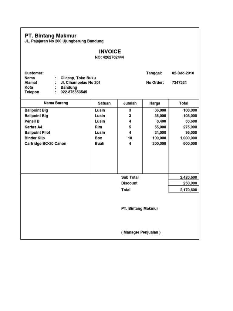 Contoh Invoice Pembelian Barang Excel | PDF