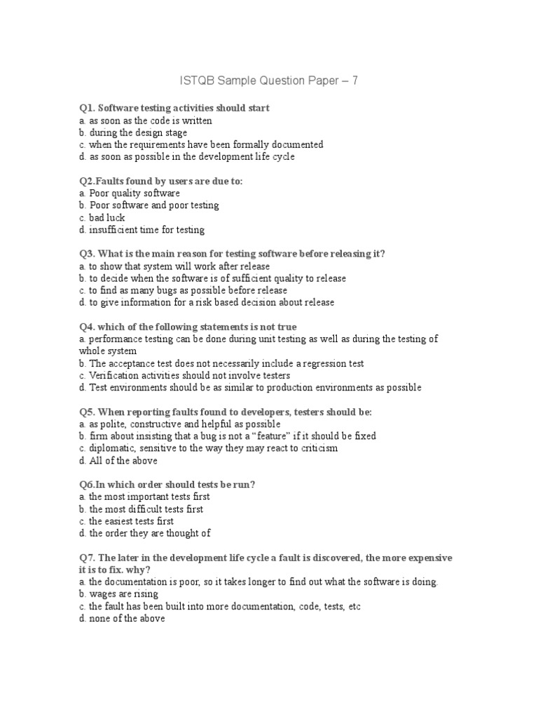 ISTQB Sample Question Paper - 7 | PDF | Software Testing | C ...