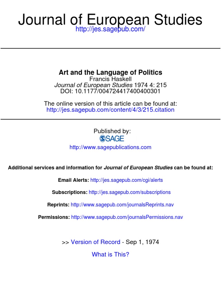 Francis Haskell, Art and The Language of Politics, Journal of European ...