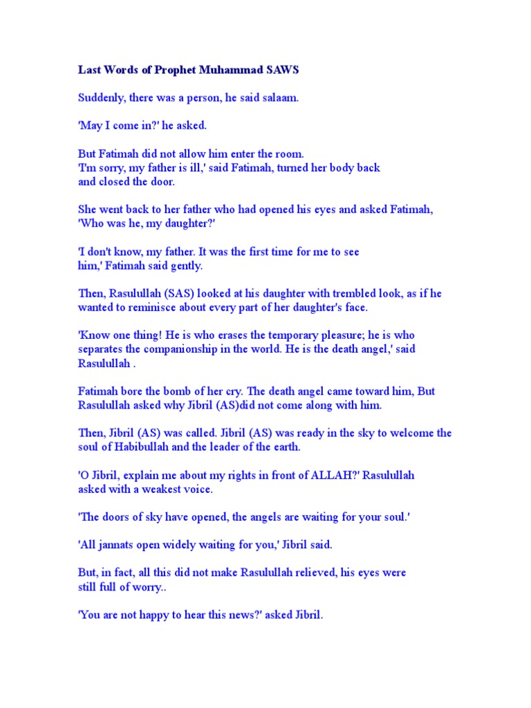Last Words of Prophet Muhammad SAWS | Prophets And Messengers In Islam ...