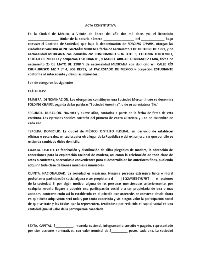 Acta Constitutiva | PDF | Liquidación | Compartir (Finanzas)