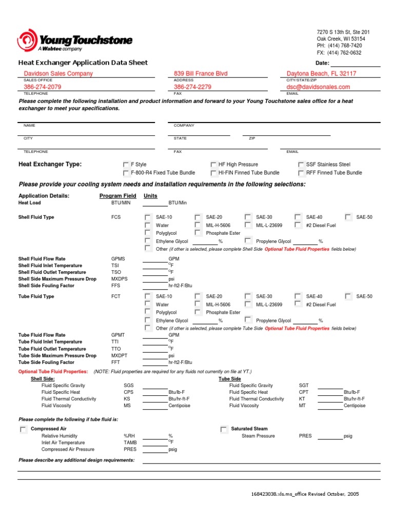 Heat Exchanger Application Data Sheet | Heat Exchanger | Chemical ...