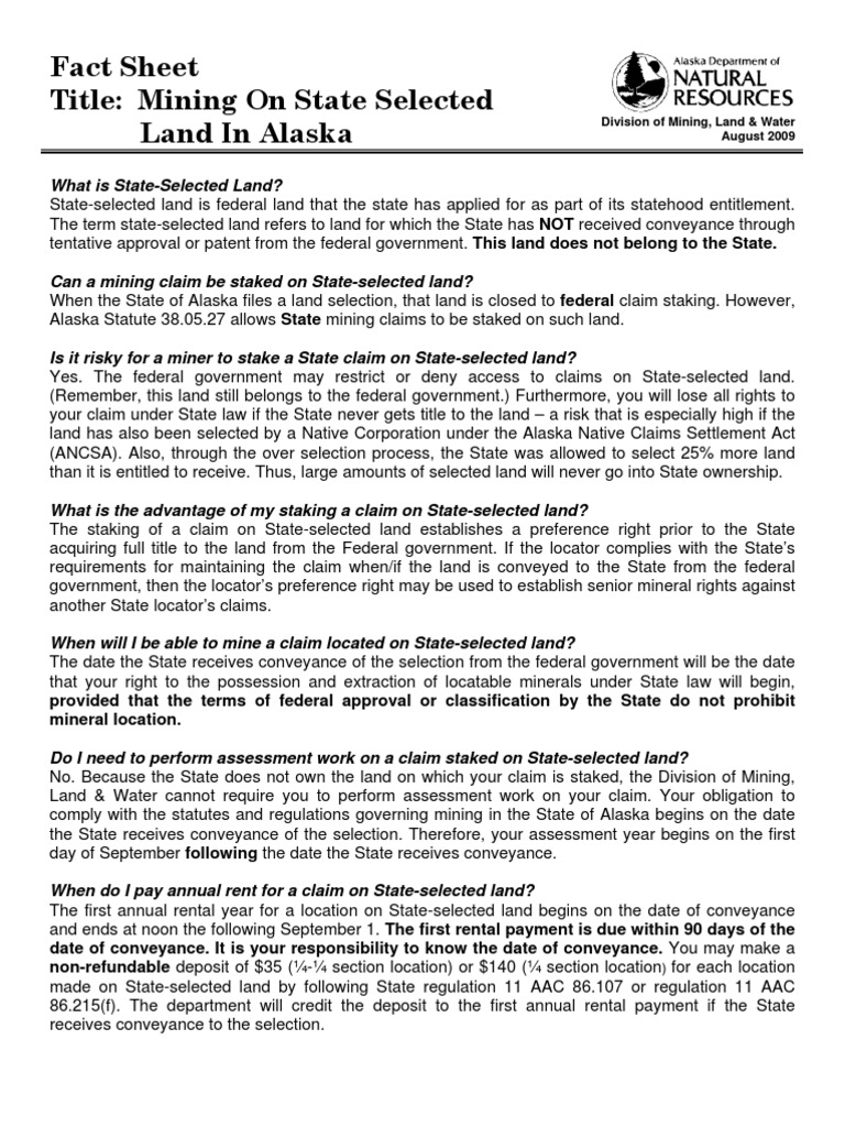 Fact Sheet Title: Mining On State Selected Land in Alaska | PDF ...