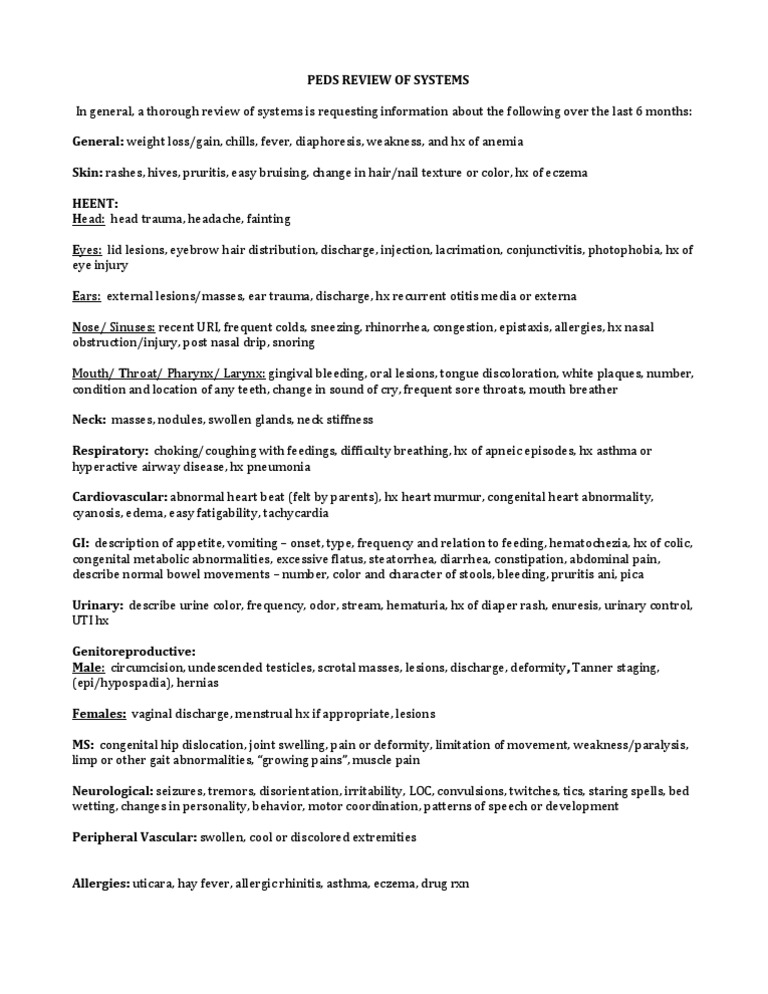 Peds Review of Systems | PDF
