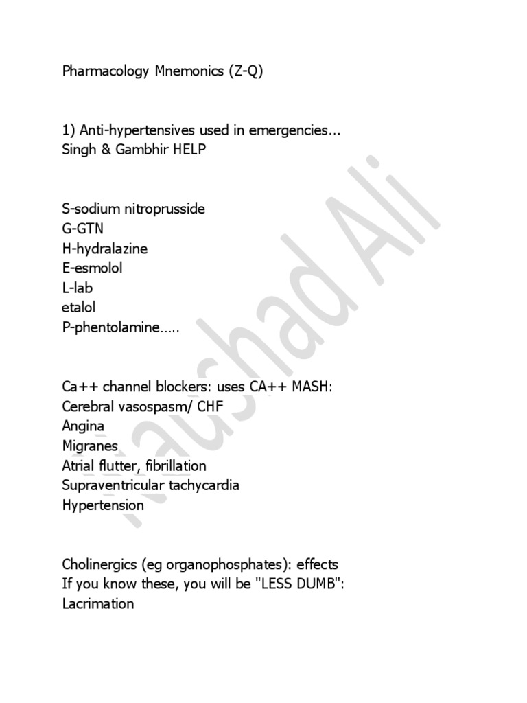 Pharmacology Mnemonics. | PDF | Drugs | Medical Specialties