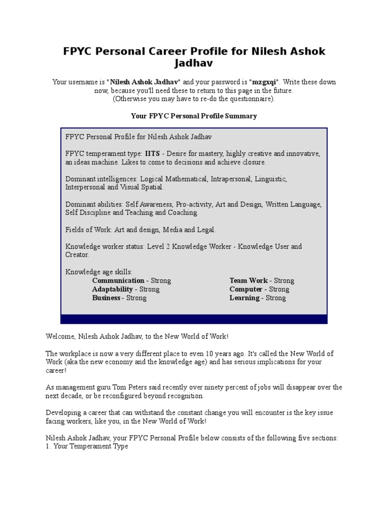 FPYC Personal Career Profile For Nilesh Ashok Jadhav | PDF | Temperament | Knowledge