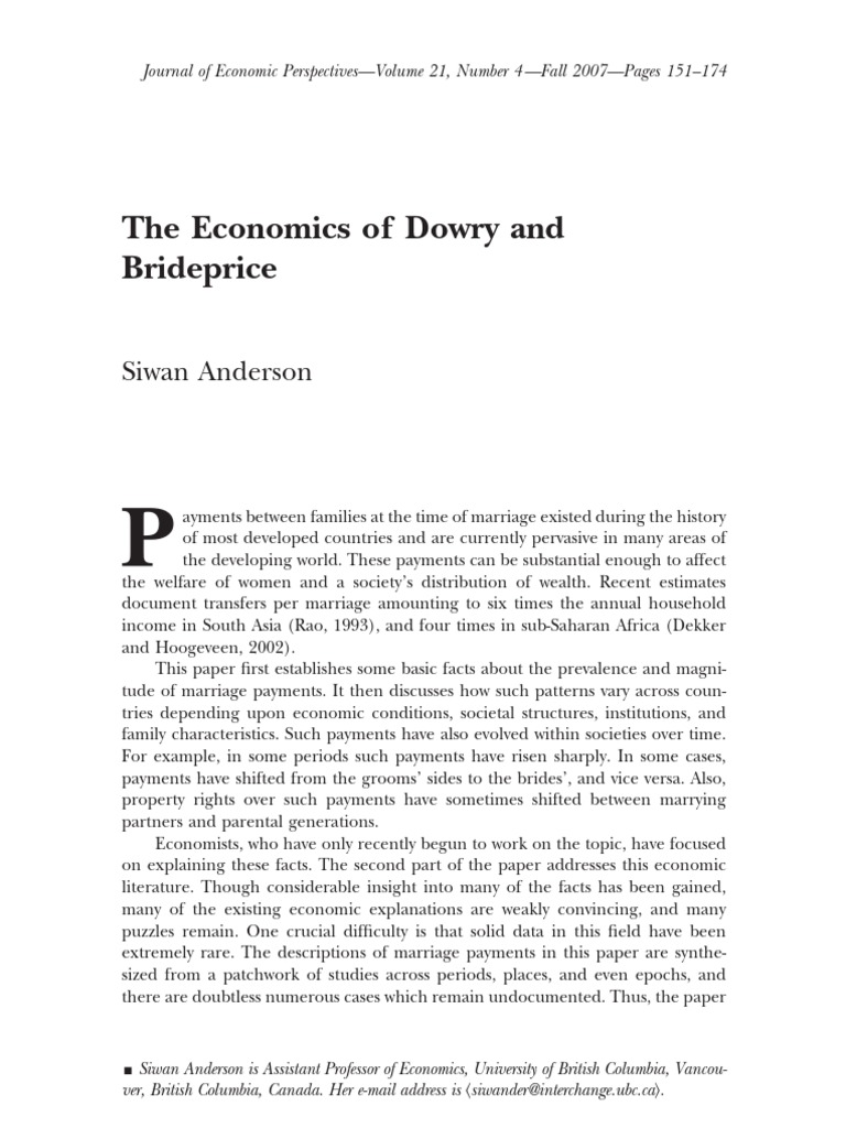 The Economic Of Dowry And Brideprice Pdf Marriage Wife