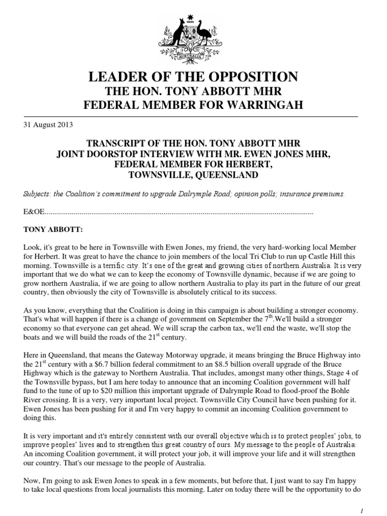 13-08-31 Joint Doorstop Interview Townsville Queensland PDF | PDF ...