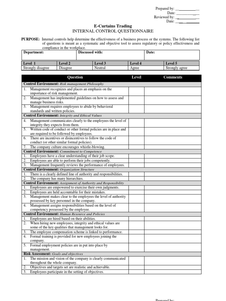 Internal Control Questionnaire | PDF | Risk Management | Risk