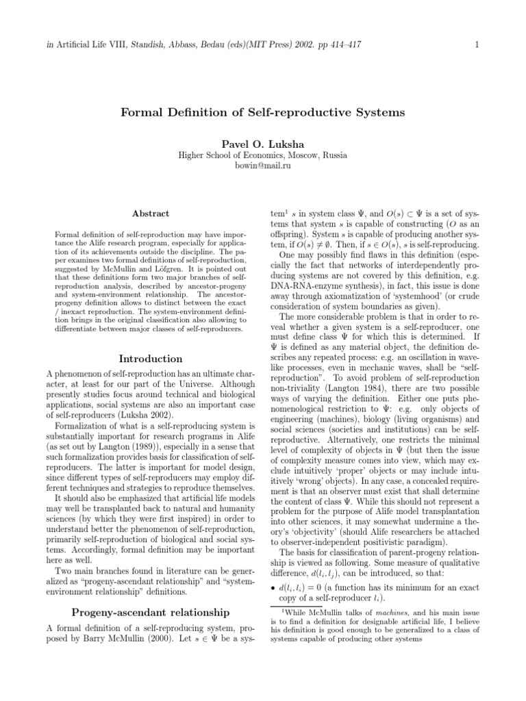 Formal Definition of Self-Reproductive Systems | PDF | Organisms ...