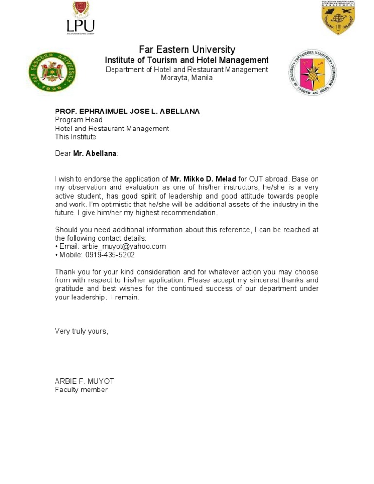 CONTOS DUNNE COMMUNICATIONS Application Letter For Hotel Ojt