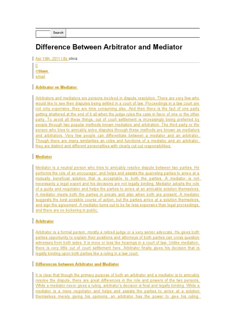 Difference Between Arbitrator and Mediator | PDF | Mediation | Arbitral ...