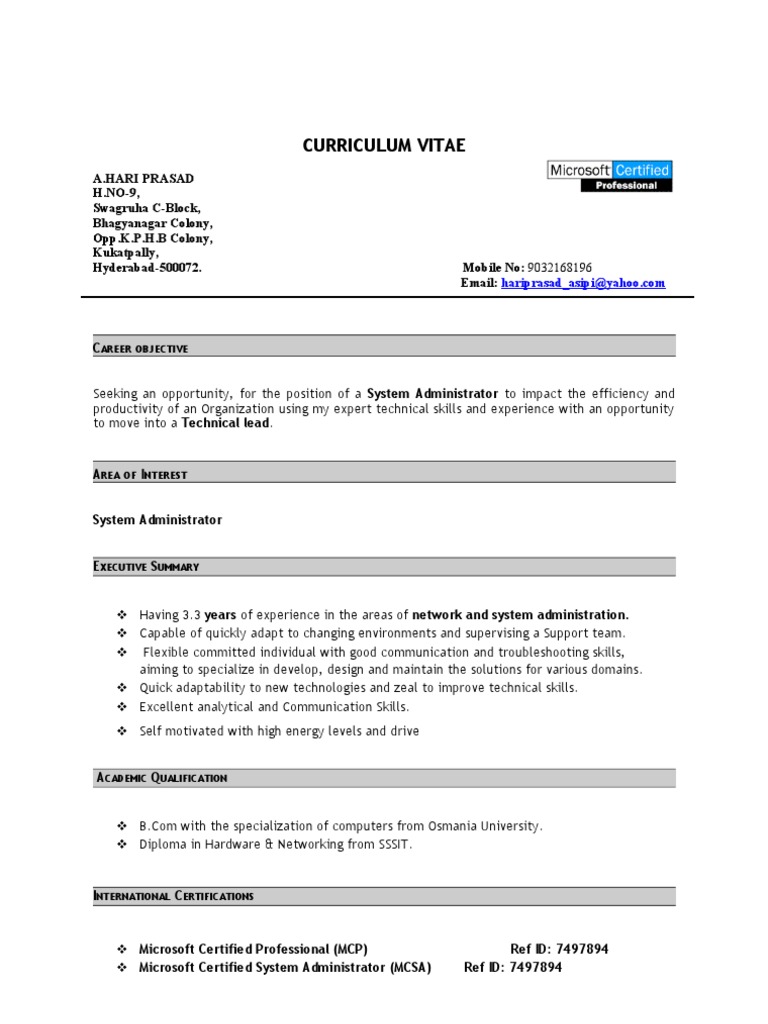 Hari Prasad CV | PDF | System Administrator | Computer Network