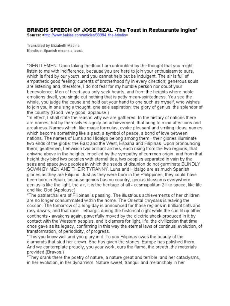 Jose Rizal's Brindis Speech | PDF