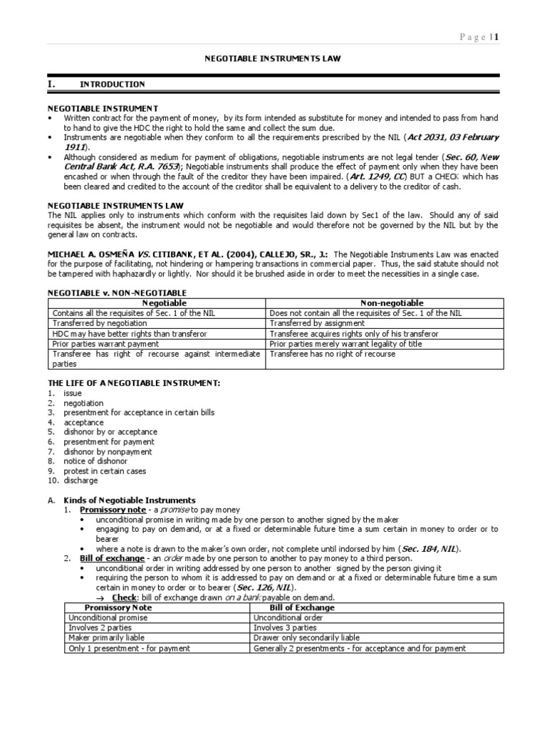 Negotiable Instrument Hand Outs | PDF | Negotiable Instrument | Payments