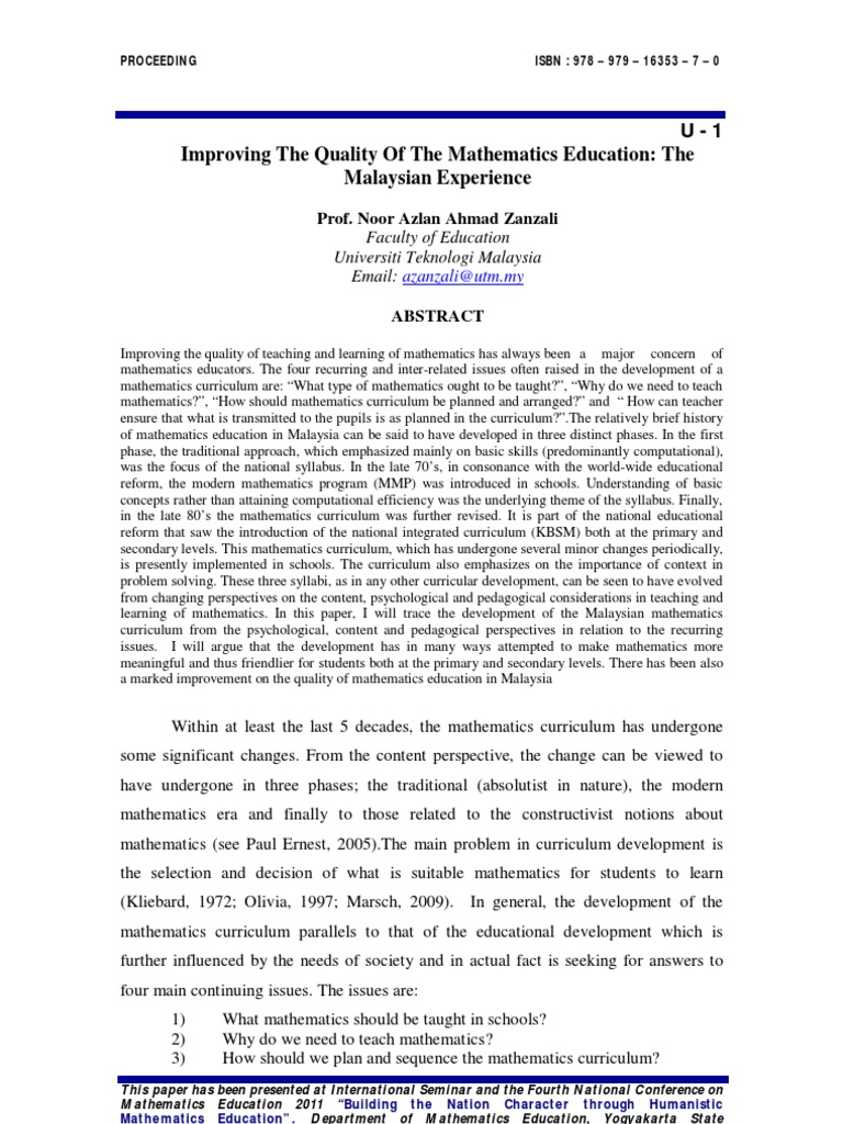 The Evolution of the Malaysian Mathematics Curriculum: A Focus on ...