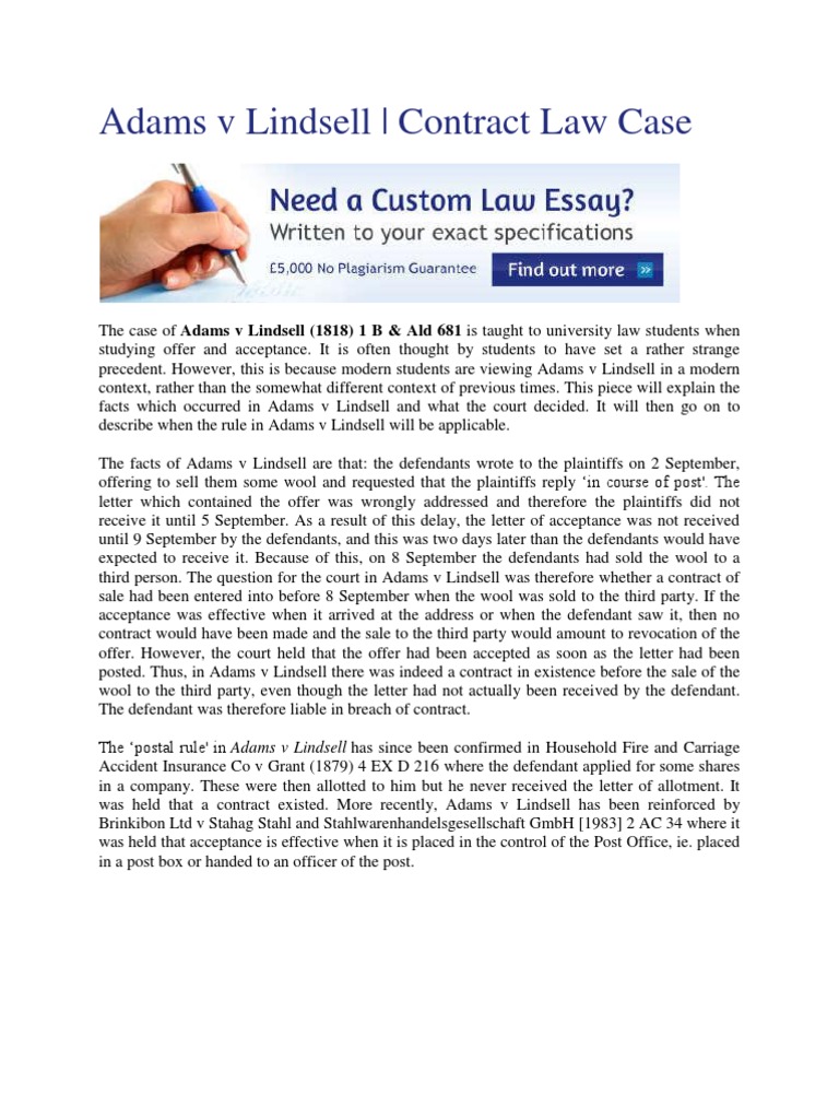 Adams V Lindsell - Contract Law Case | PDF | Offer And Acceptance ...