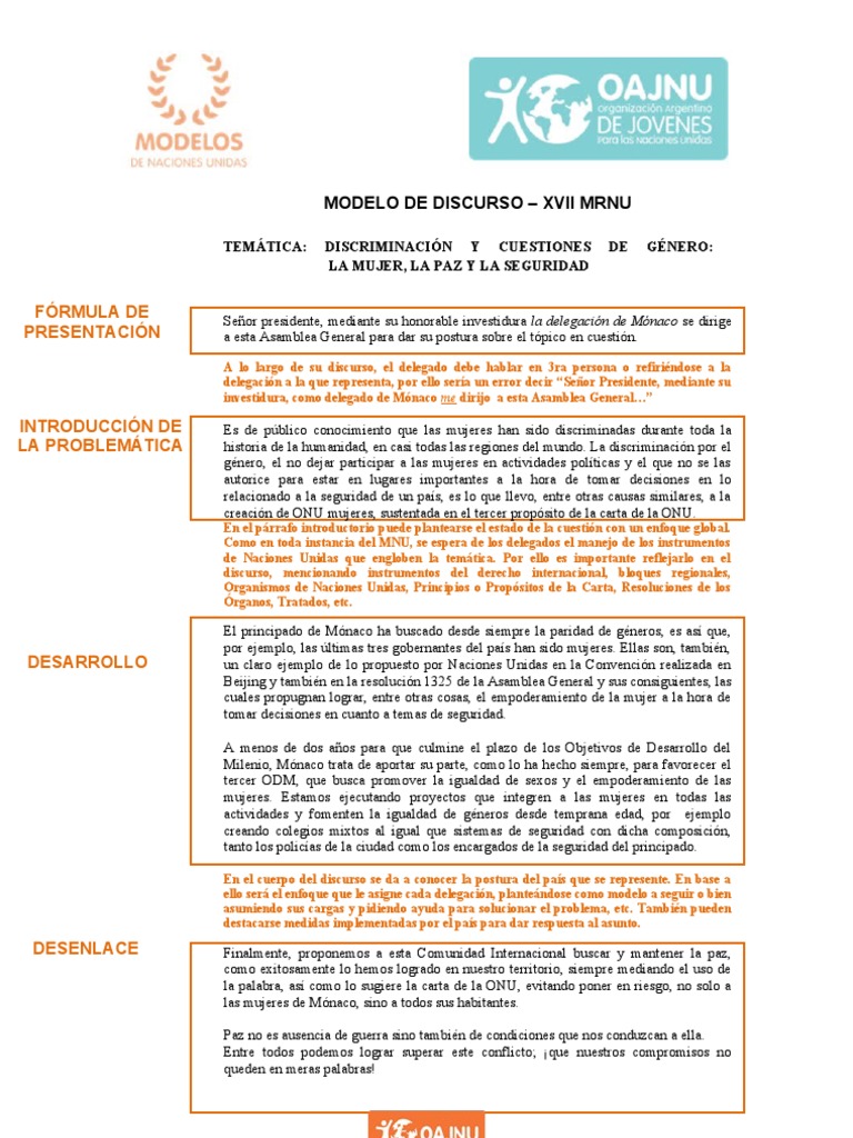 Modelo de Discurso | Naciones Unidas | Política internacional