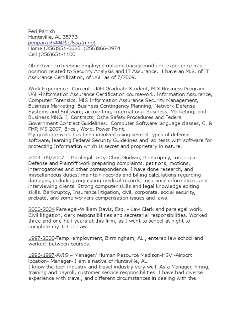 Peri Parrish Irtc 2009 Resume | PDF | Paralegal | Business