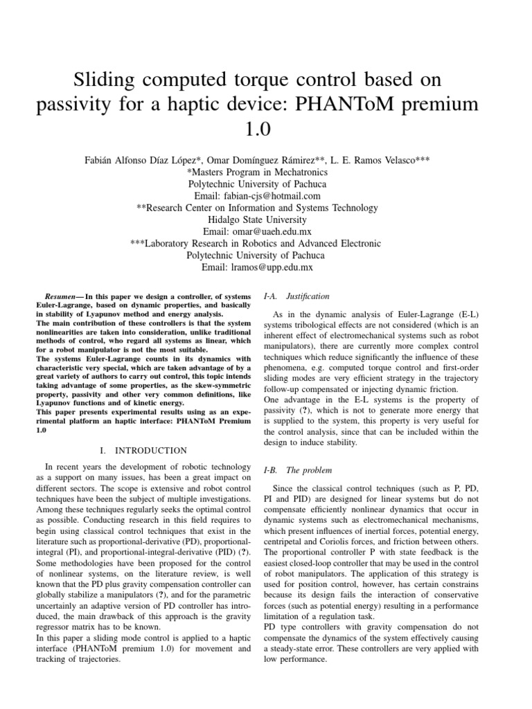 Sliding Computed Torque Control Based On Passivity For A Haptic Device ...