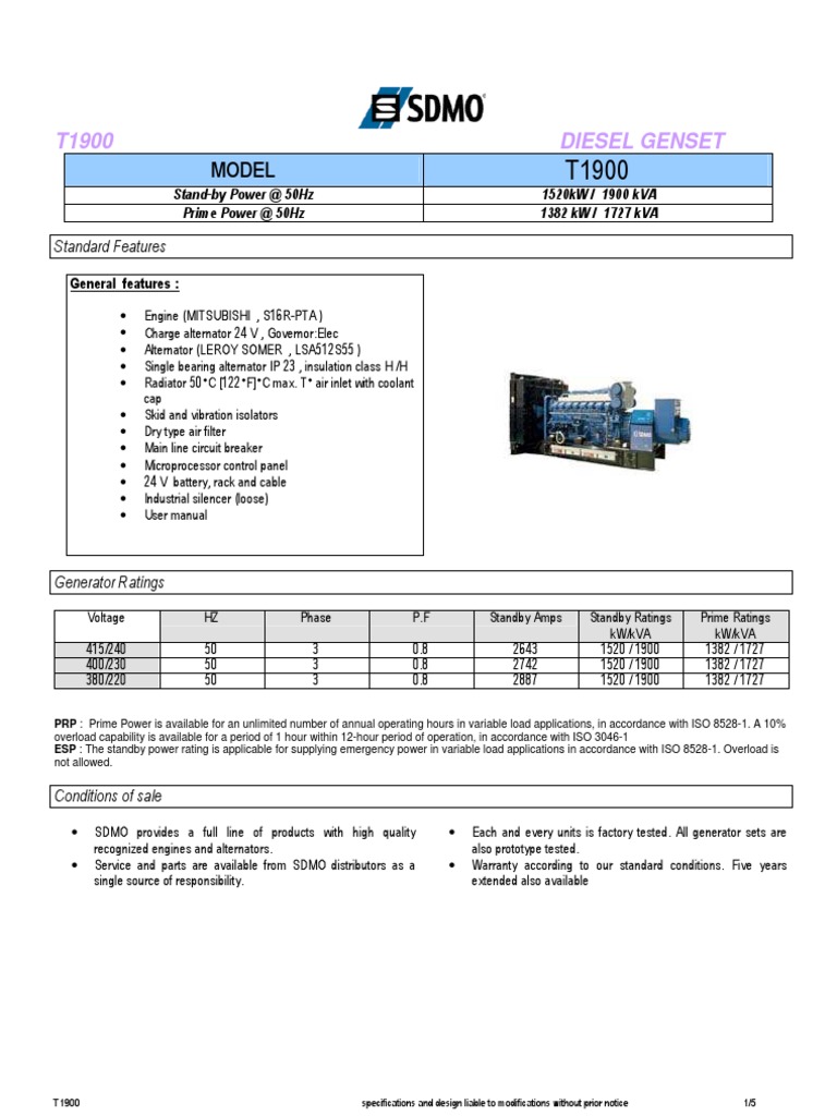 Specification Sheet for a 1900 kVA Diesel Generator Set Powered by a ...