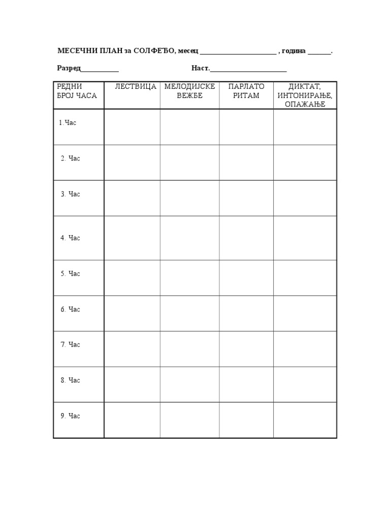 Mesecni Plan Solfedjo | PDF