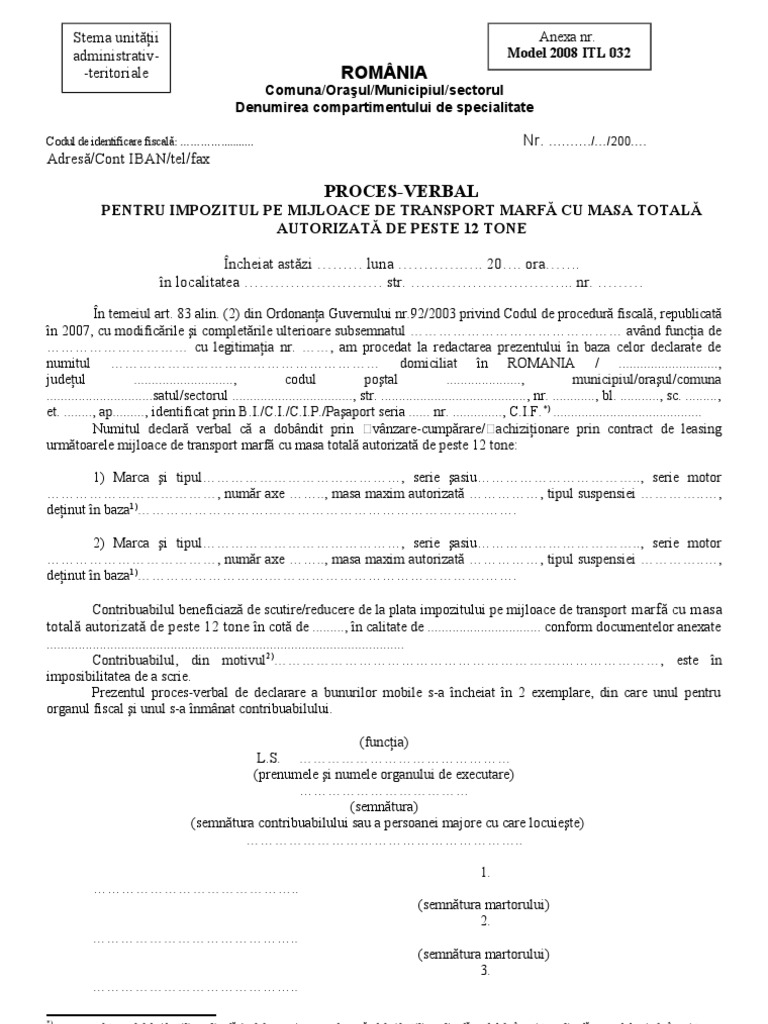 ITL 032-Proces-Verbal Pentru Impozit Pe Mijloace de Transport Marfa | PDF