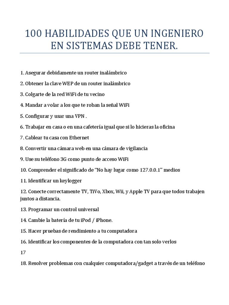 100 Habilidades Que Un Ingeniero en Sistemas Debe Tener | PDF | Wifi ...