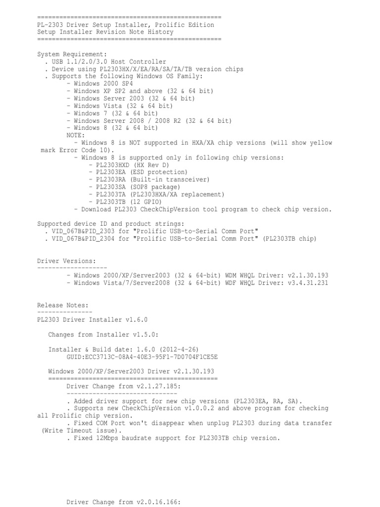 PL2303 DriverInstallerv1.6.0 ReleaseNote | PDF | Device Driver ...