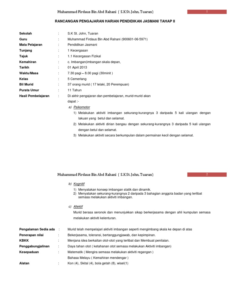 RPH PJ THN 5 Mggu 1 (Imbangan) | PDF