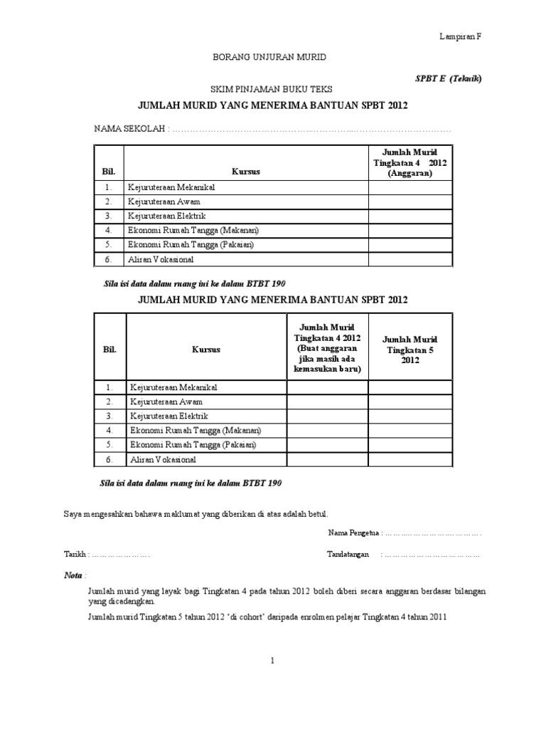 6 Lampiran F SPBT E Borang Unjuran Murid | PDF