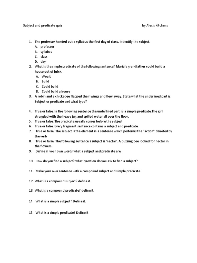 Subject and Predicate Quiz | PDF | Wellness