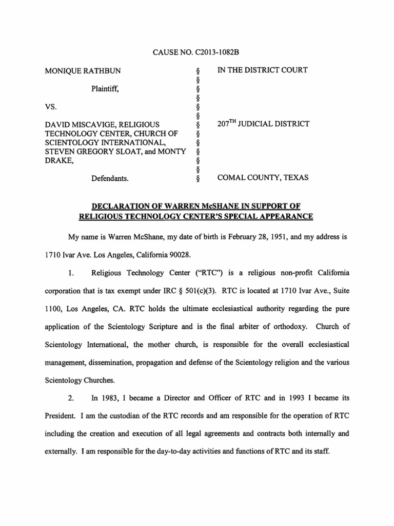 Monique V Scientology: Warren McShane Declaration | PDF | Public Law ...