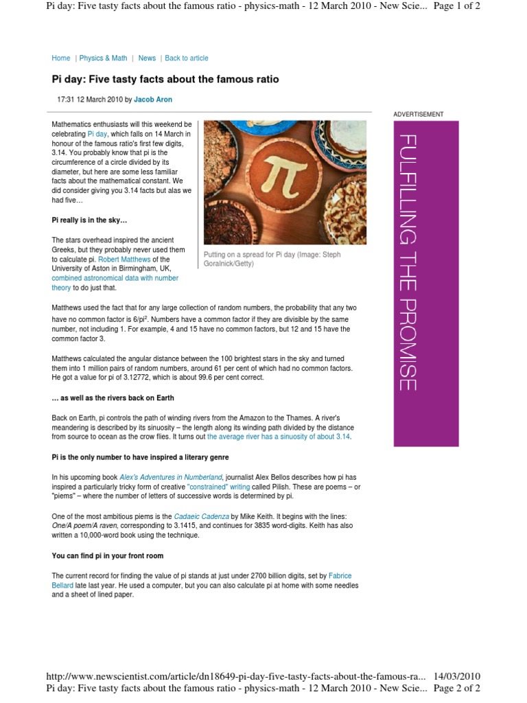Pi Day - Five Tasty Facts About The Famous Ratio | PDF | Pi | Numbers