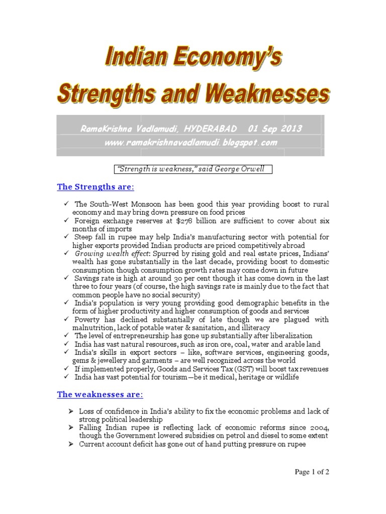 Indian Economy's Strengths & Weaknesses-VRK100-01Sep2013 | Economy Of ...