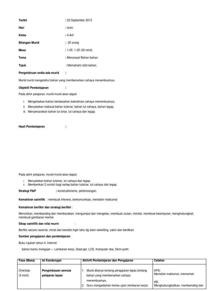 Bahan Lutsinar, Lut Cahaya, Legap - 30 Minit | PDF | Sains & Matematika