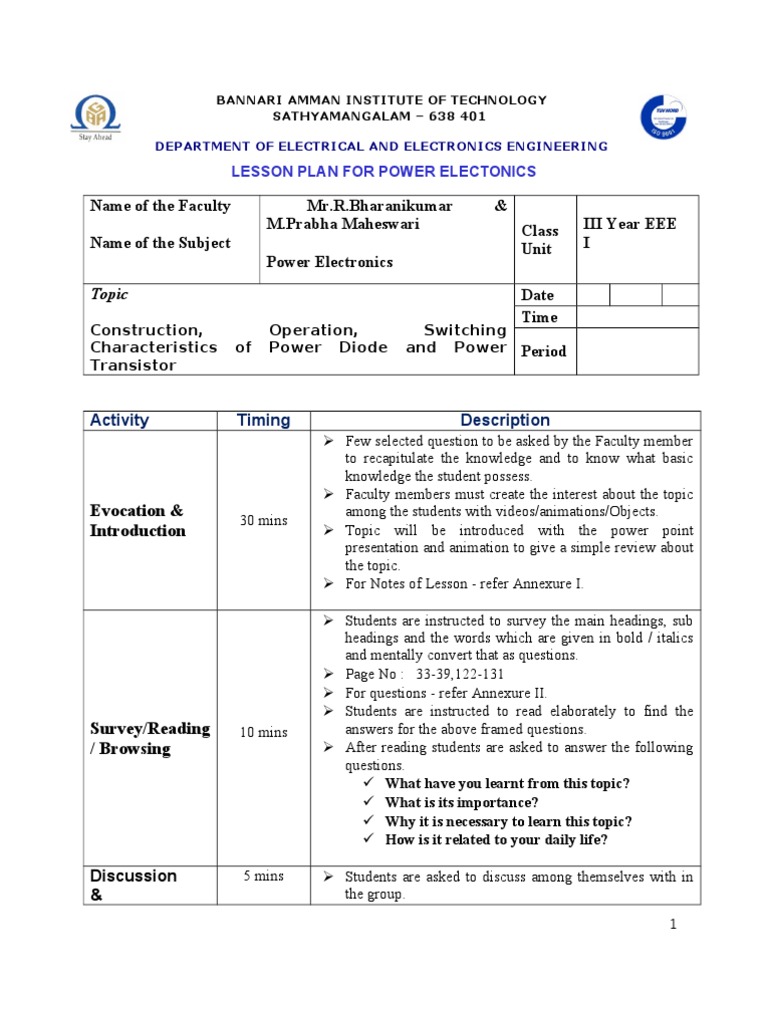 LESSON PLAN Power Electronics | PDF | Bipolar Junction Transistor ...