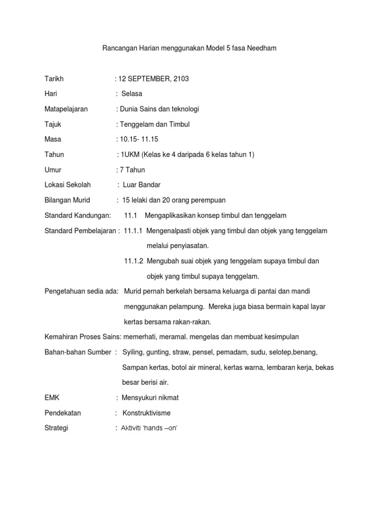 Rancangan Harian Menggunakan Model 5 Fasa Needham | PDF