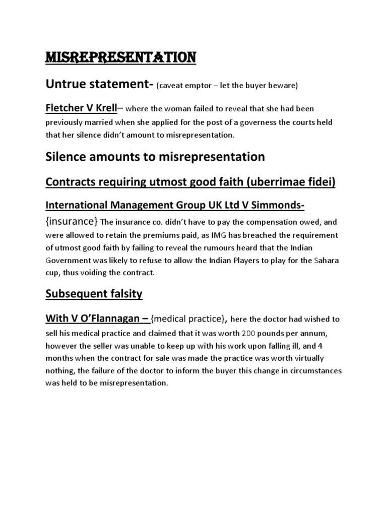 Misrepresentation | PDF | Misrepresentation In English Law ...
