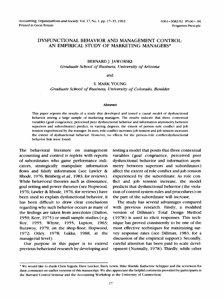 Dysfunctional Behavior and Management Control - An Empirical Study of ...