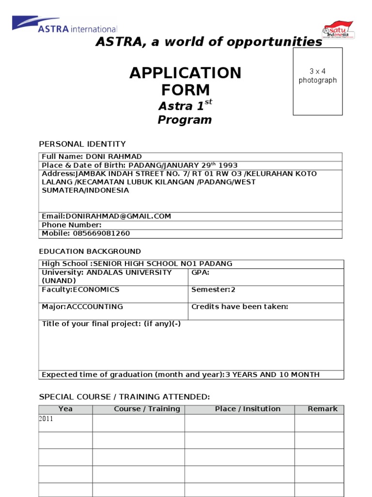 Application Form: ASTRA, A World of Opportunities | PDF